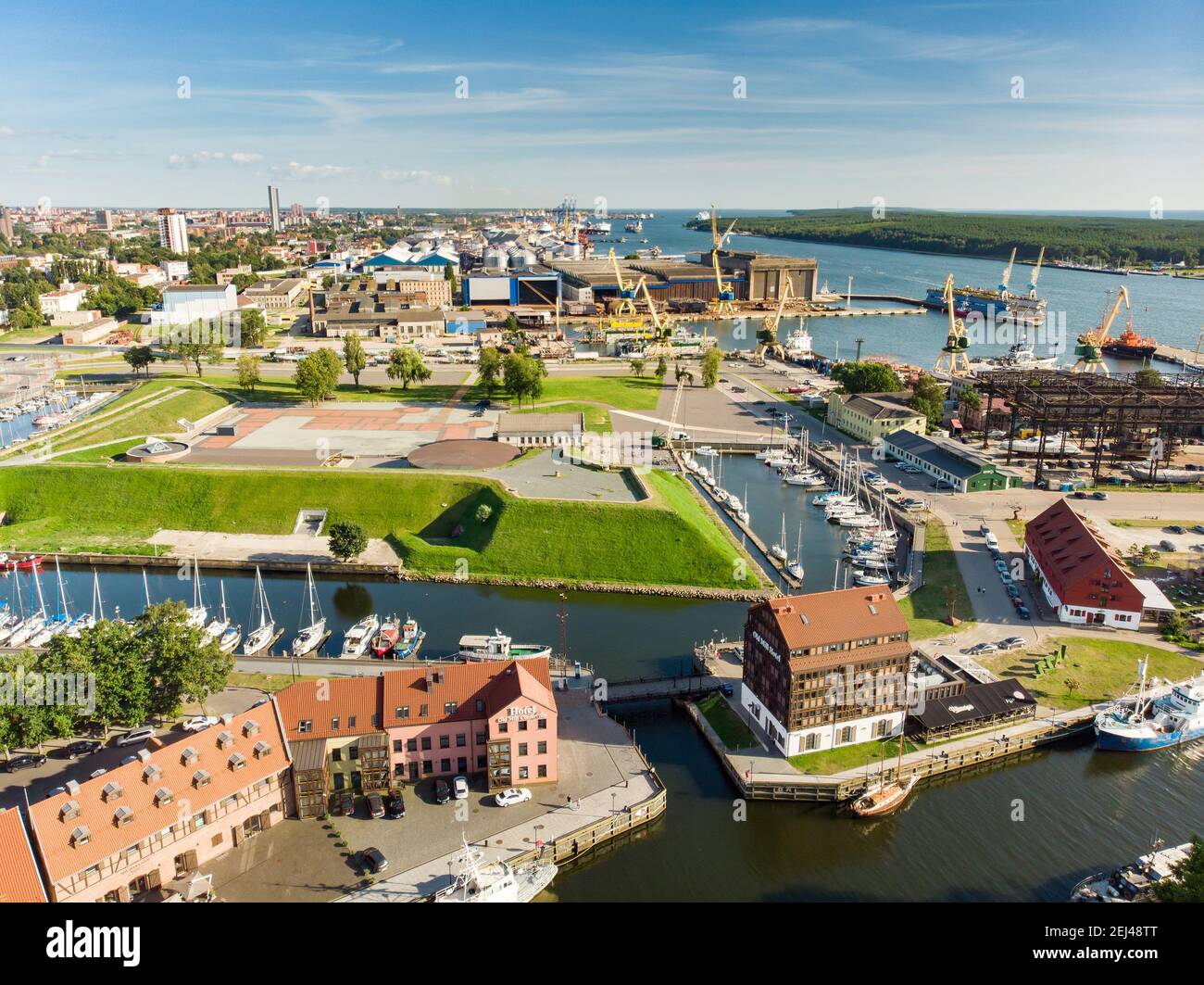 KLAIPEDA, LITHUANIA - AUGUST 9, 2020: Aerial view of beautiful yachts ...