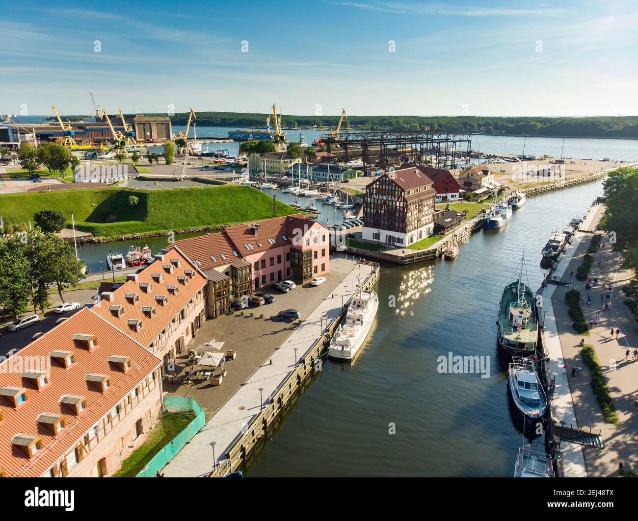 KLAIPEDA, LITHUANIA - AUGUST 9, 2020: Aerial view of beautiful yachts ...
