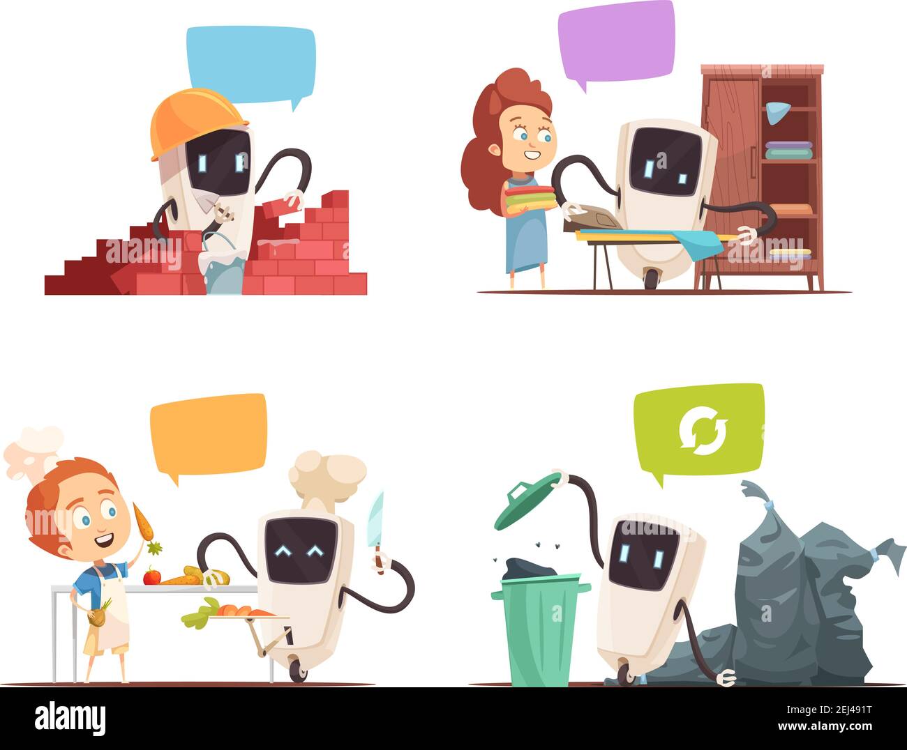 Robots assistance 4 cartoon icons concept square with artificial ...