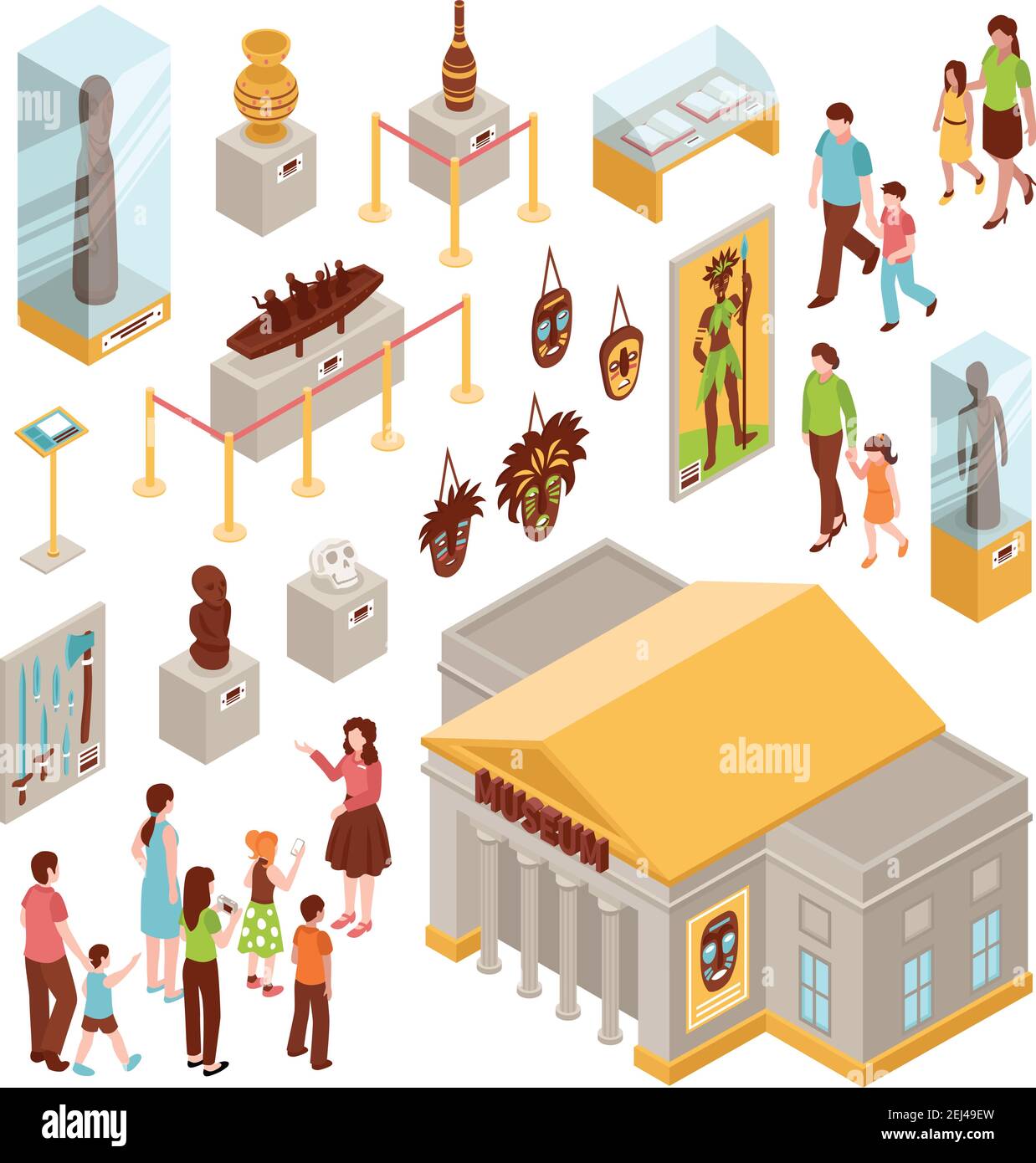 Museum set of isometric icons with building outside, showcases with ... Museum set of isometric icons with building outside, showcases with ...