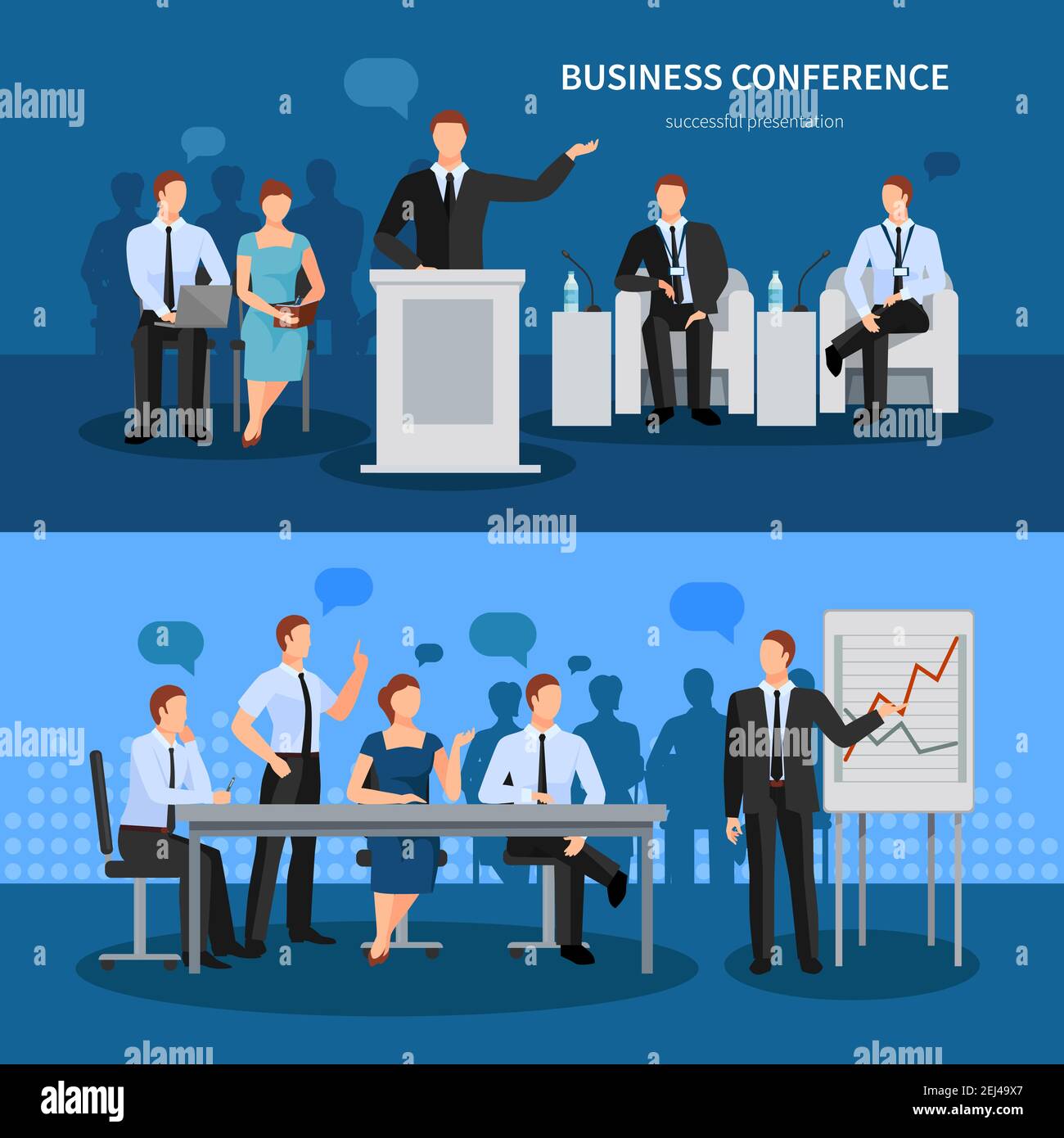 Business conference horizontal banners set with technology symbols flat ...