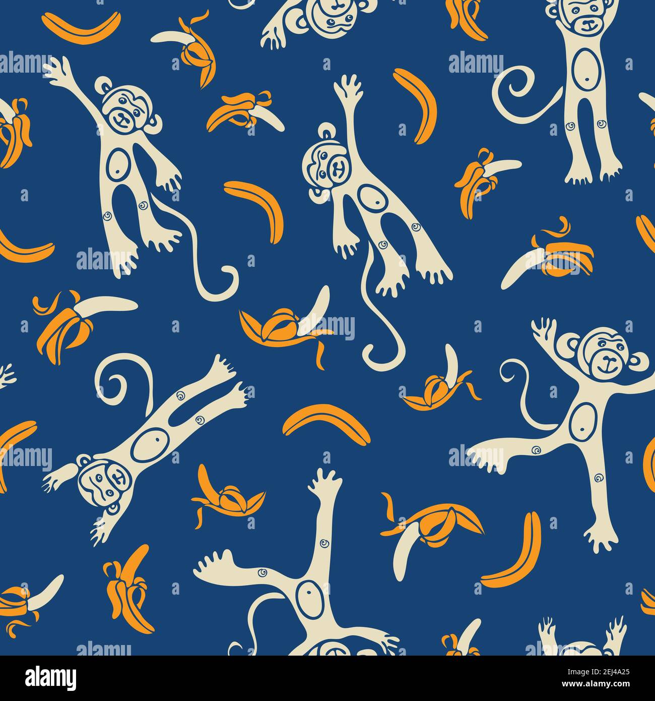 Funny monkey seamless vector pattern with bananas on blue background ...