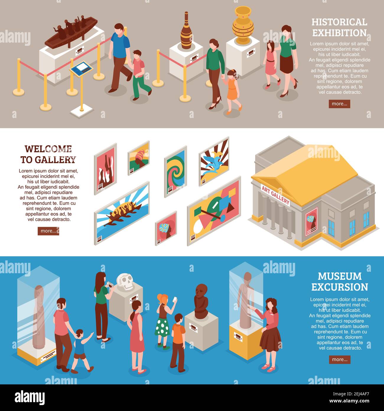 Set of horizontal isometric banners with museum excursion, historical ...