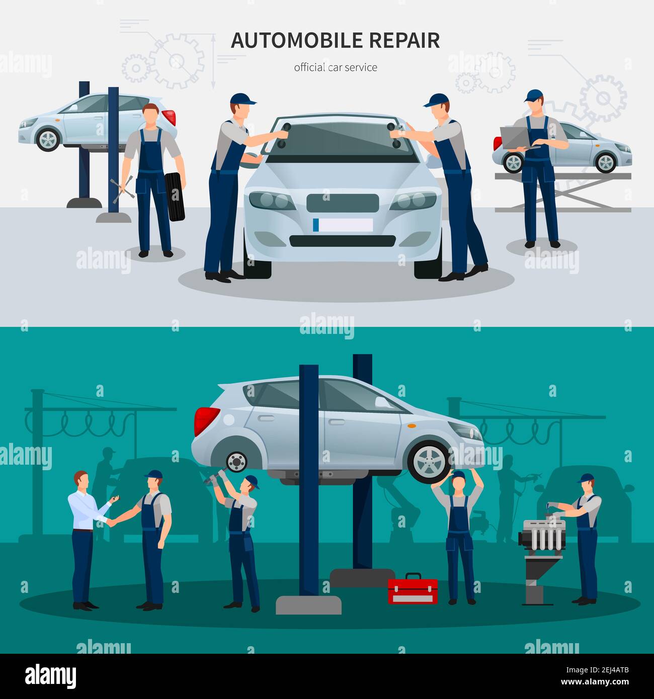 Car repair horizontal banners with maintenance symbols flat isolated ...