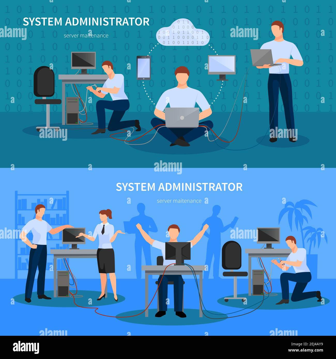 System administrator horizontal banners set with computer symbols flat ...