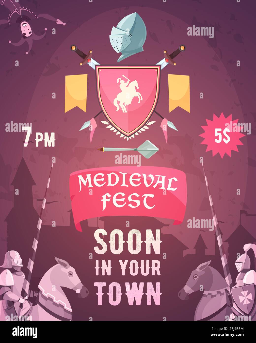 Medieval fest announcement cartoon poster with date entry price riders ...