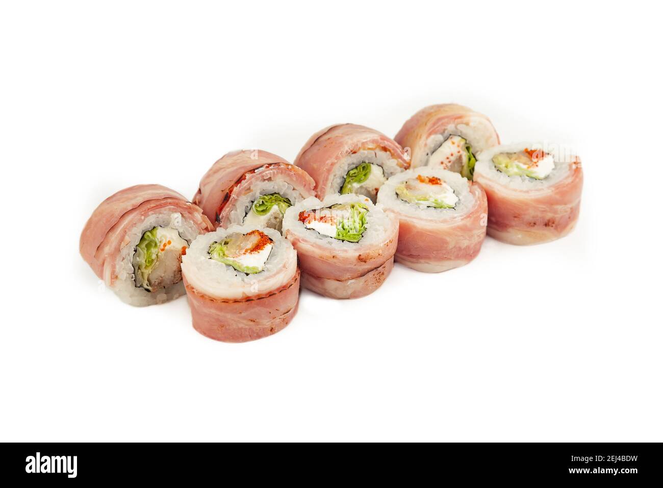 Sushi Roll with bacon and fried sea bass on a white plate, ingredients ...