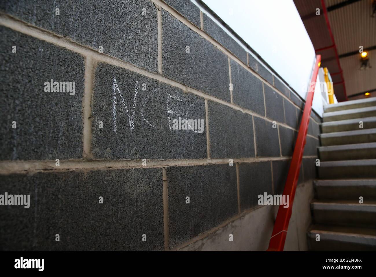 Graffiti of Nottingham Forest Football Club is drawn on a wall during ...