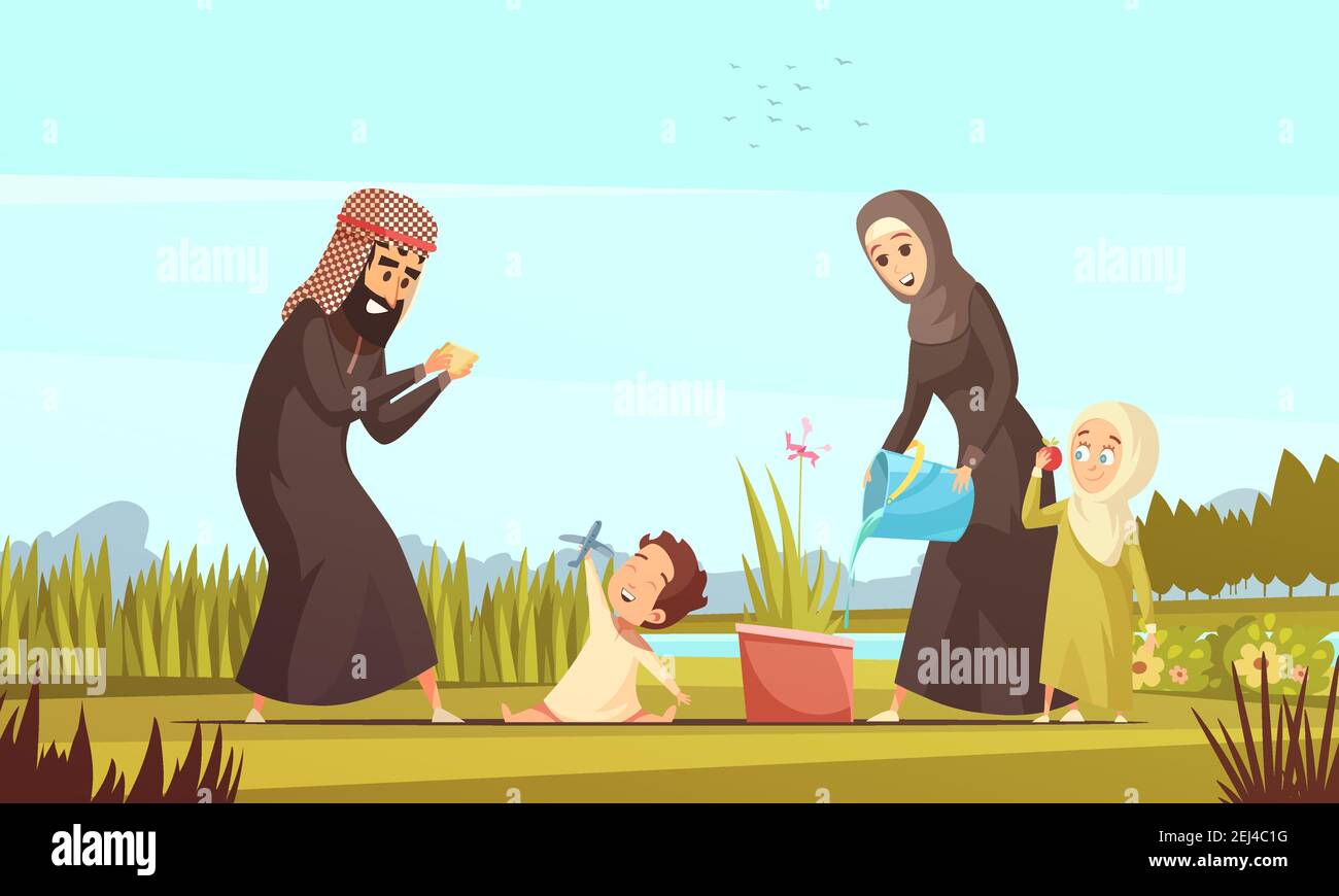 Young arab muslim family in traditional clothing with two children ...