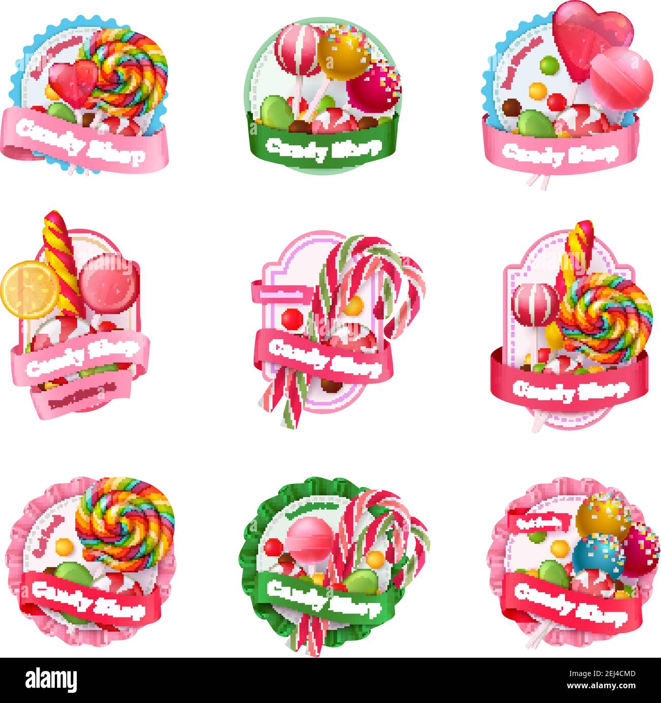 Candy shop set of emblems with colorful fruit lollipops of various ...
