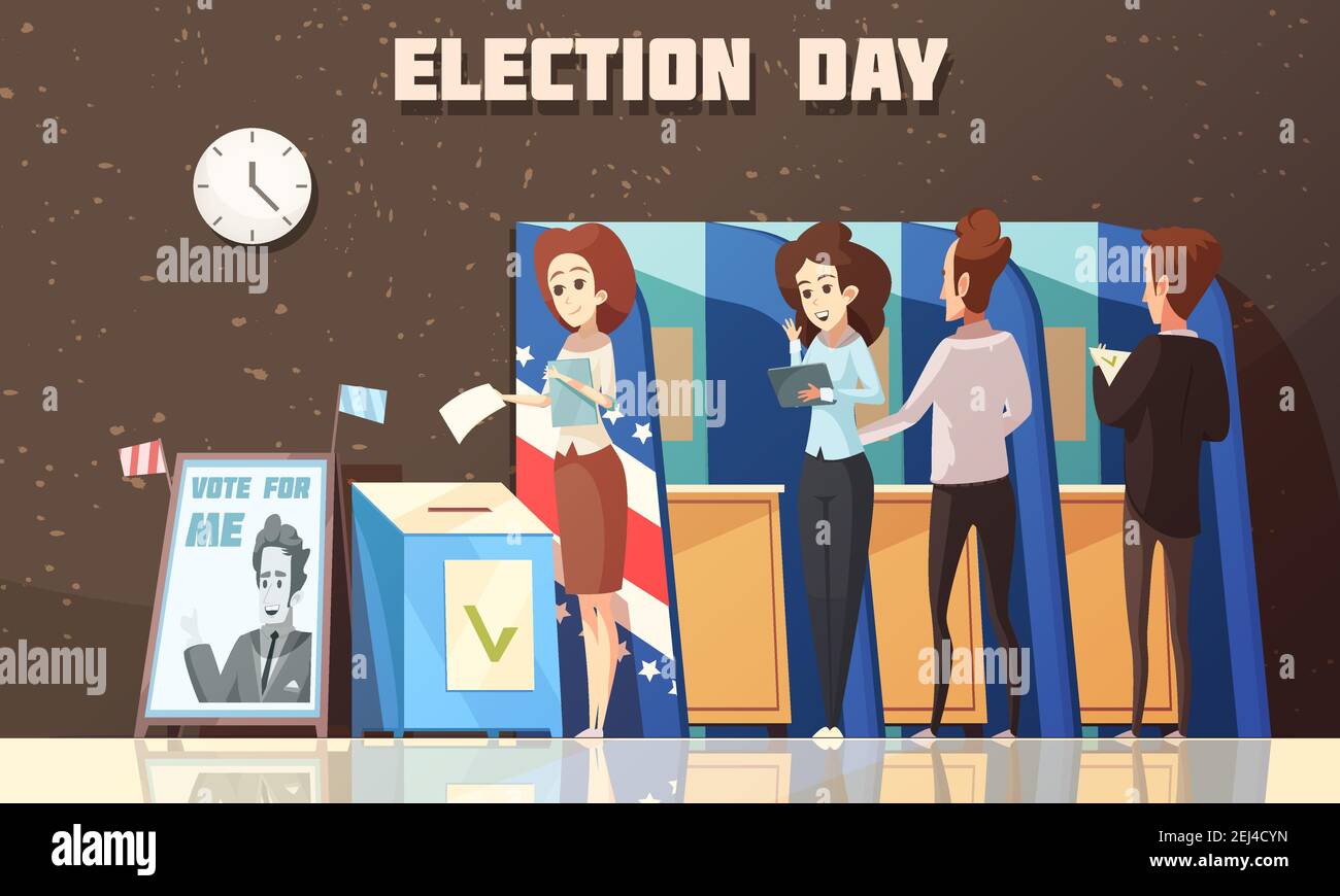 Election day political poster with voters casting ballots at polling ...