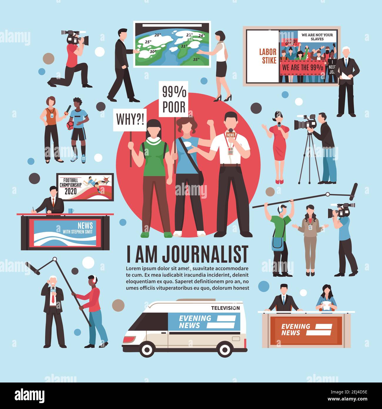 Journalist profession composition on blue background with live ...