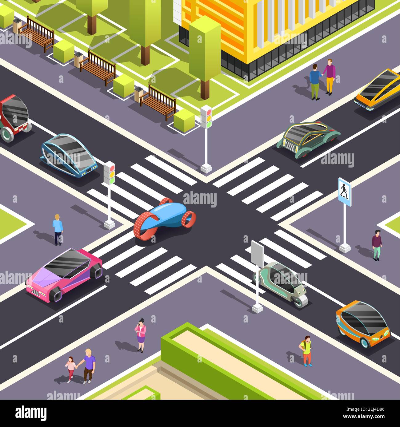 Fragment of city top view with crossroad streets pedestrian zone and ...