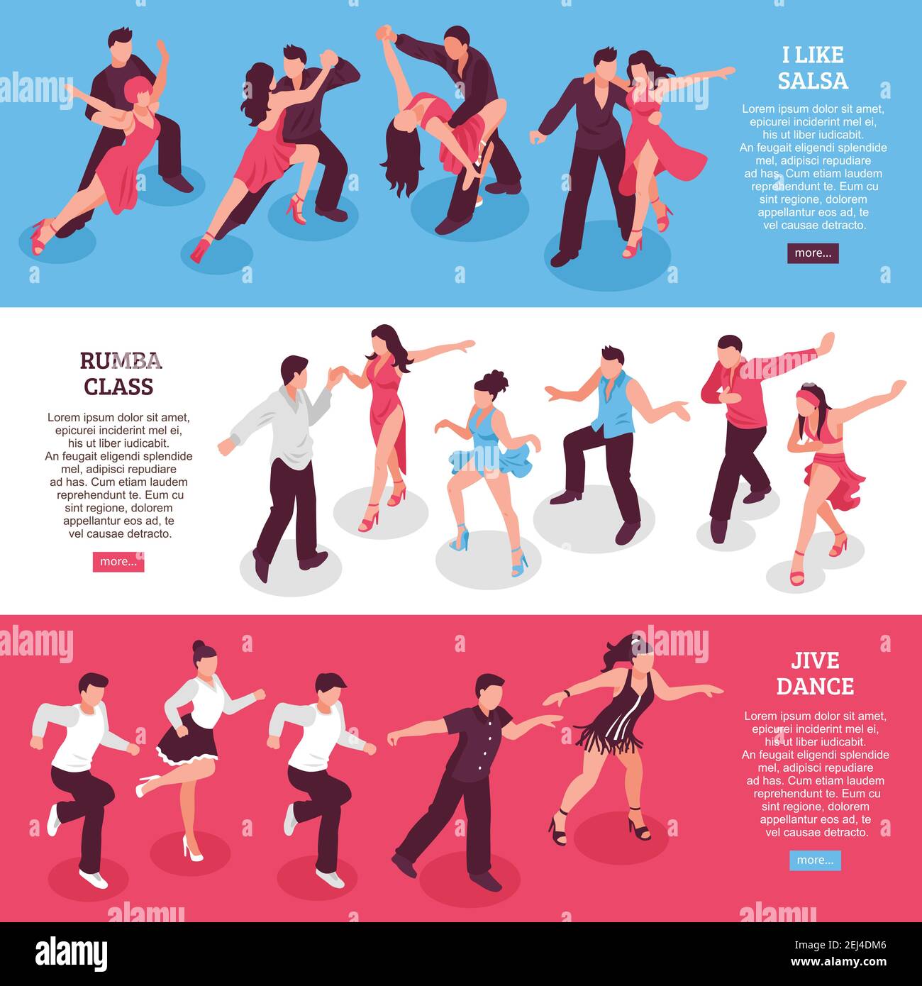 Dance set of horizontal isometric banners with rumba class, people ...