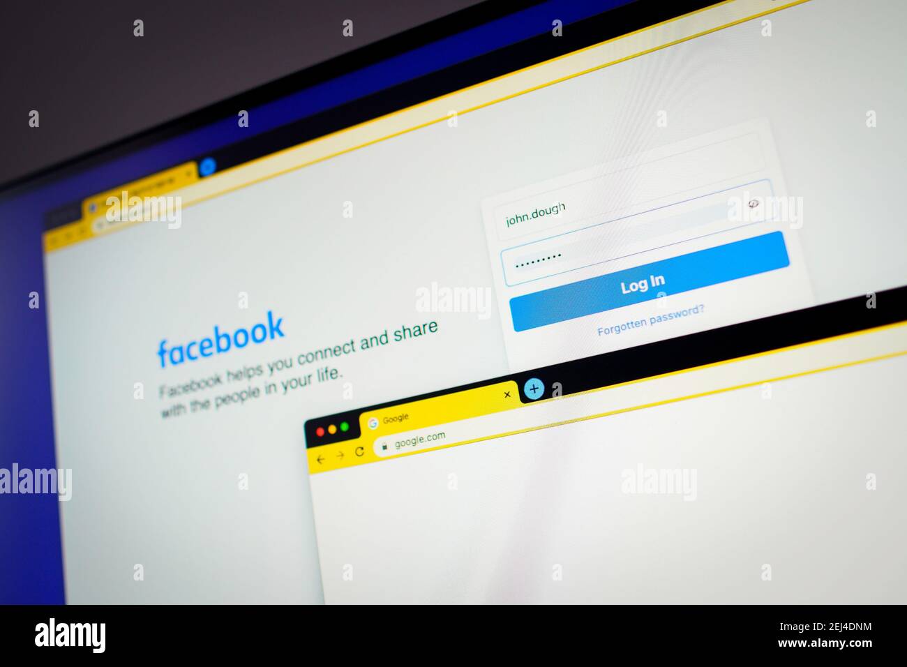 Chrome browser windows are seen open with a Facebook login page and a ...
