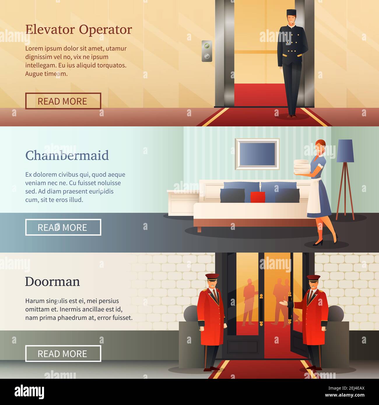 Hotel staff horizontal banners with elevator operator, maid with bed linen, doorman near ...