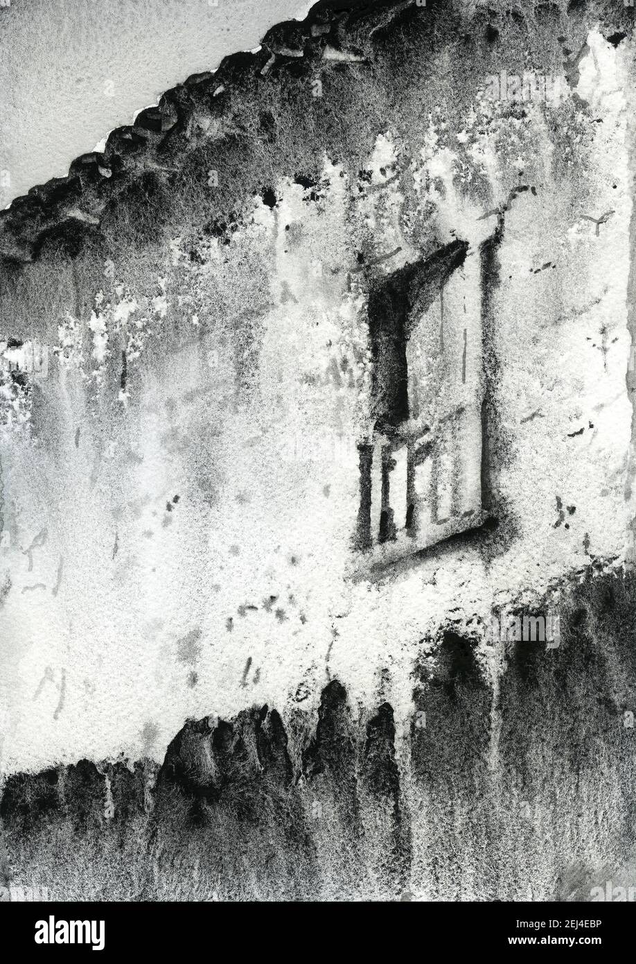 B&W watercolor painting of architecture in Sacred Valley, Peru. Houses ...