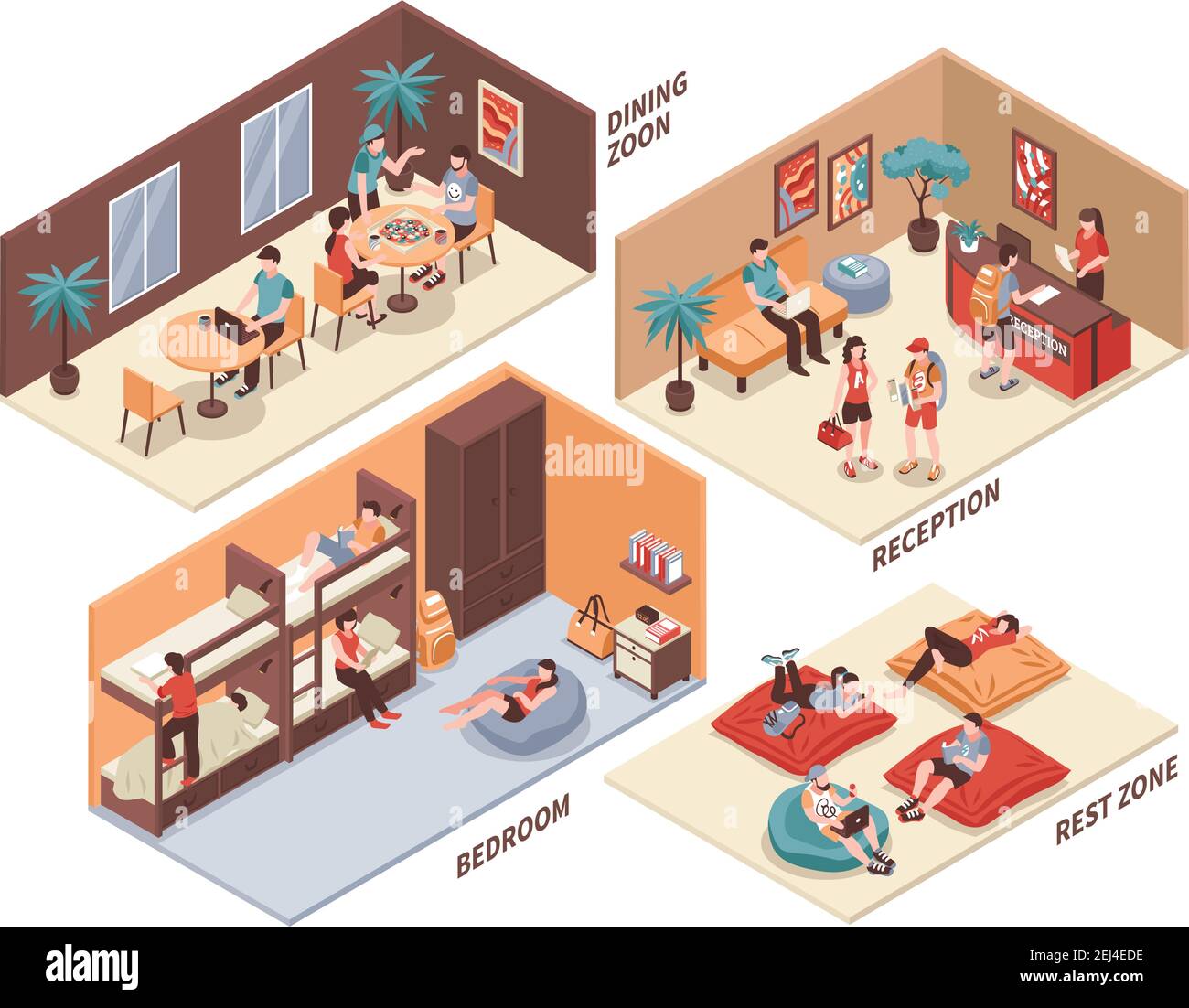 Hostel rooms with guests isometric set with dining hall, reception ...