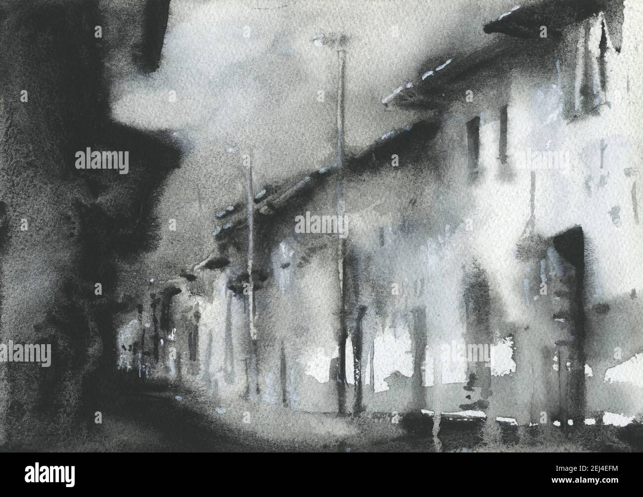 B&W watercolor painting of architecture in Sacred Valley, Peru. Houses ...