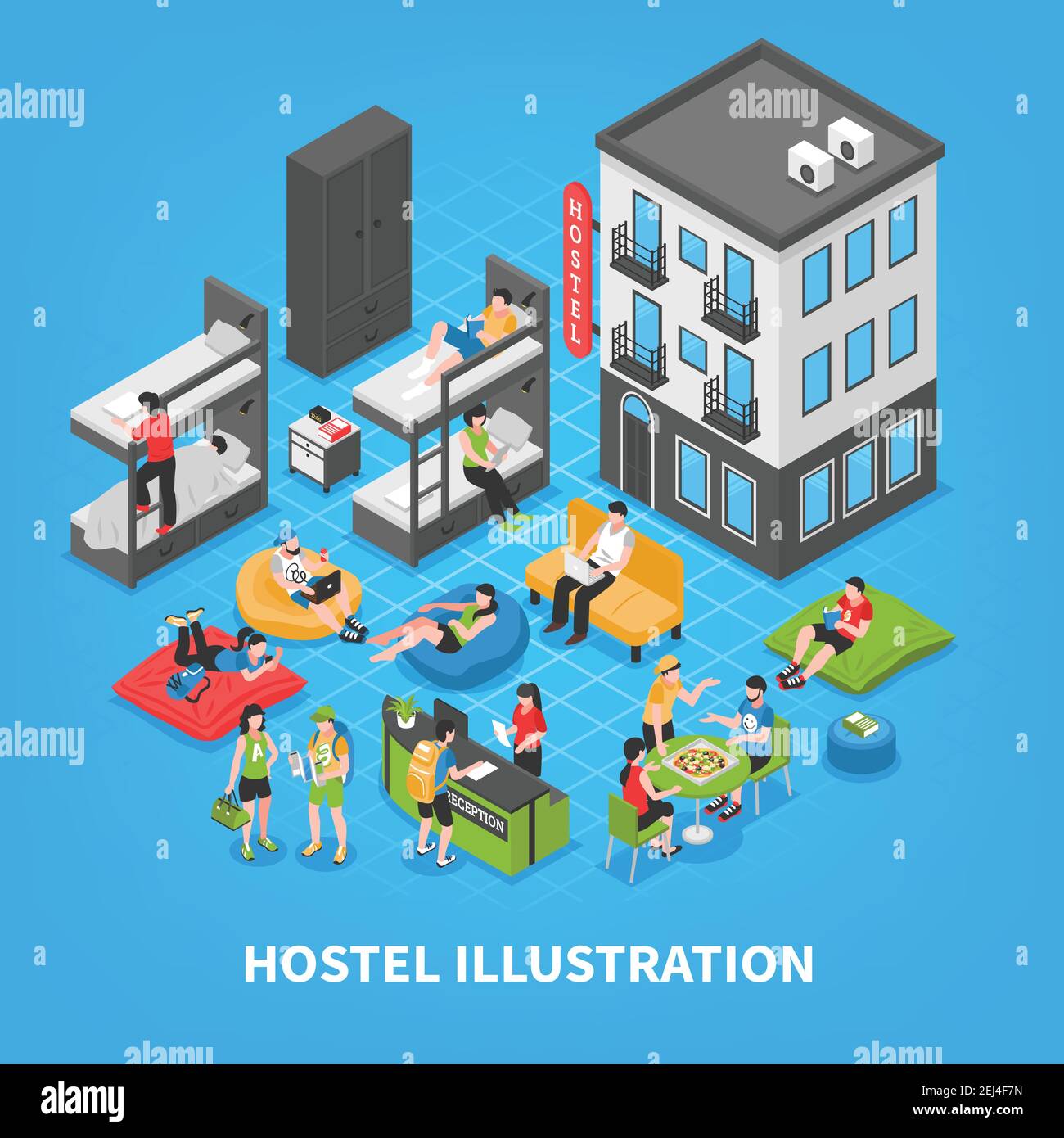 Hostel isometric composition with building outside, bunk beds ...