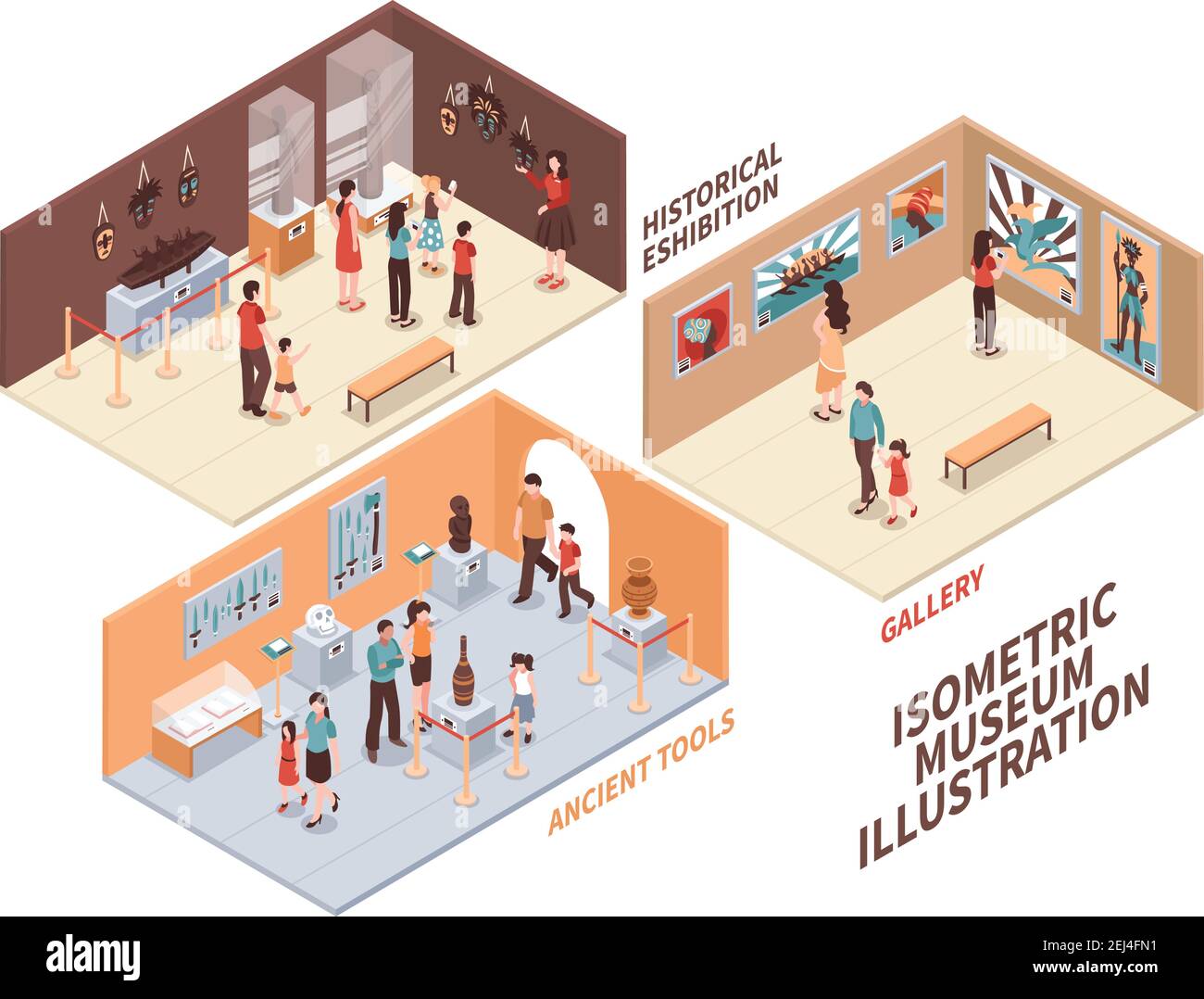 Museum set of isometric compositions with historical exhibition ...