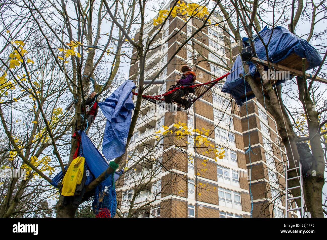 ISLINGTON, LONDON, ENGLAND- 18 November 2021: Save Our Trees protesters ...