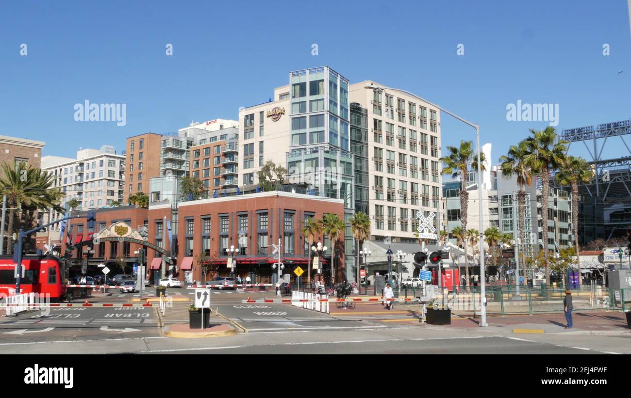 SAN DIEGO, CALIFORNIA USA - 13 FEB 2020: Gaslamp Quarter entrance arch ...