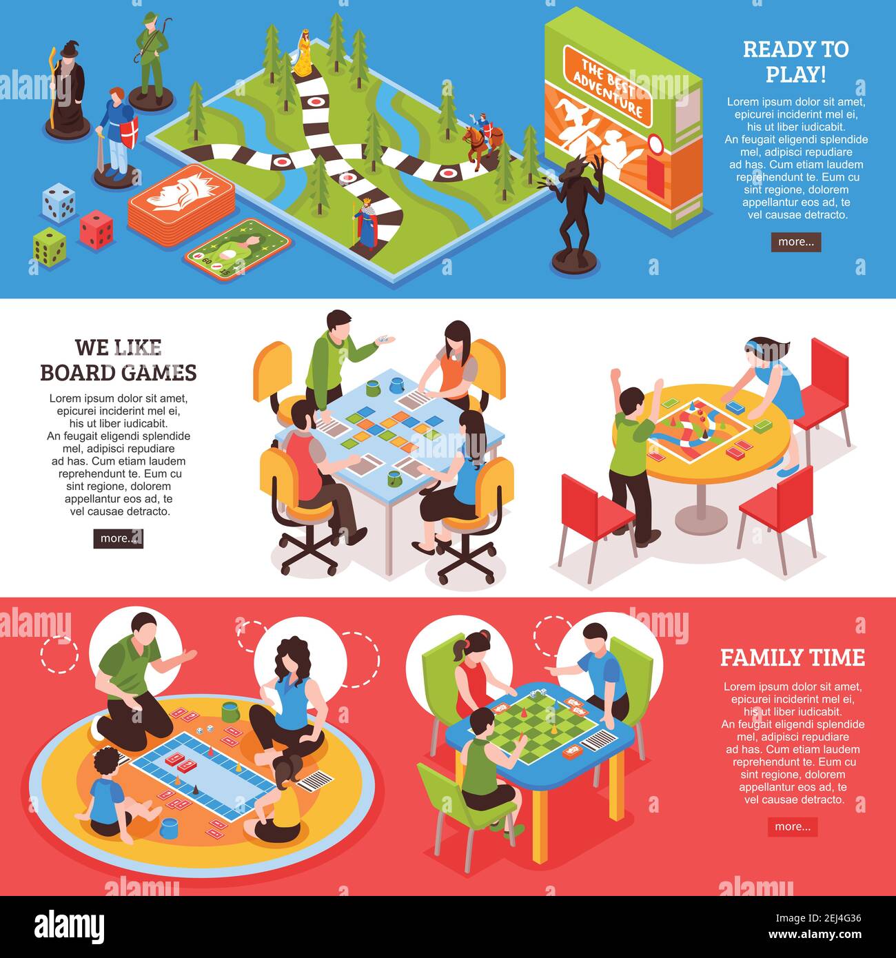 Set of horizontal isometric banners with people playing board games ...