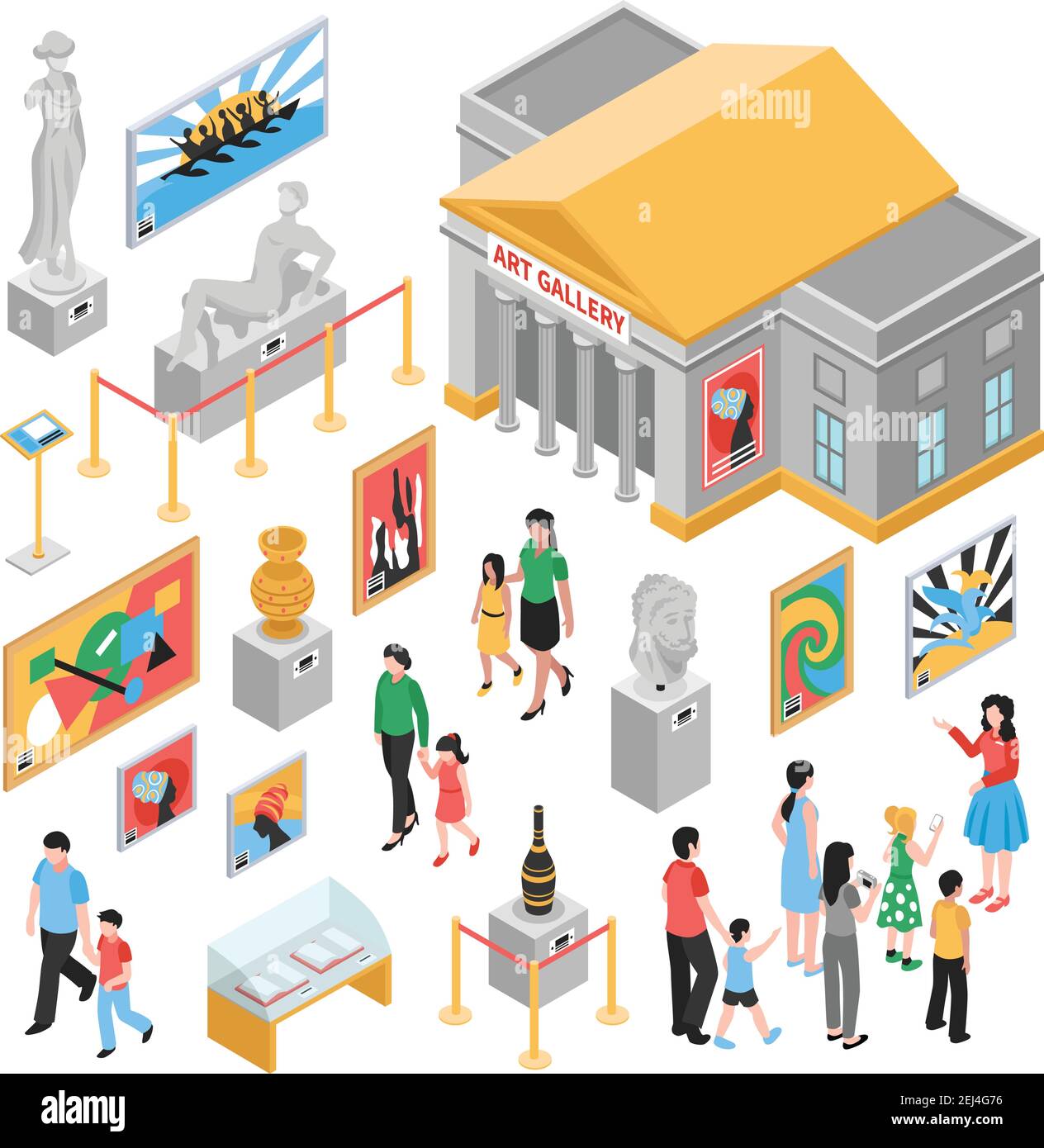 Art gallery isometric icons set with building outside, pictures and ...