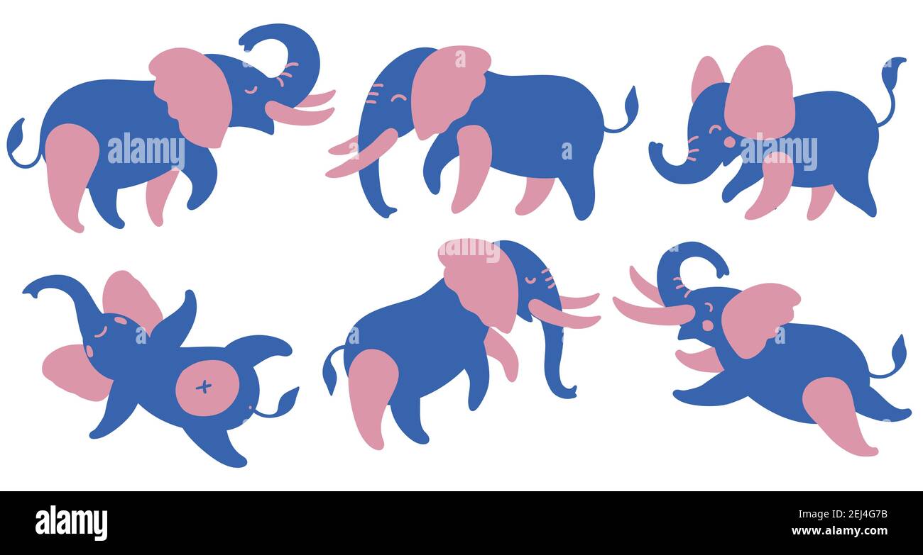 Set of colored elephants. Cute cartoon elephants in different poses ...