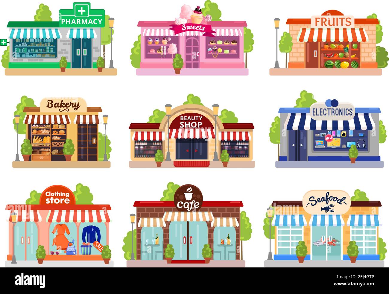 Bright colorful facades of six stores and cafes isolated on white ...