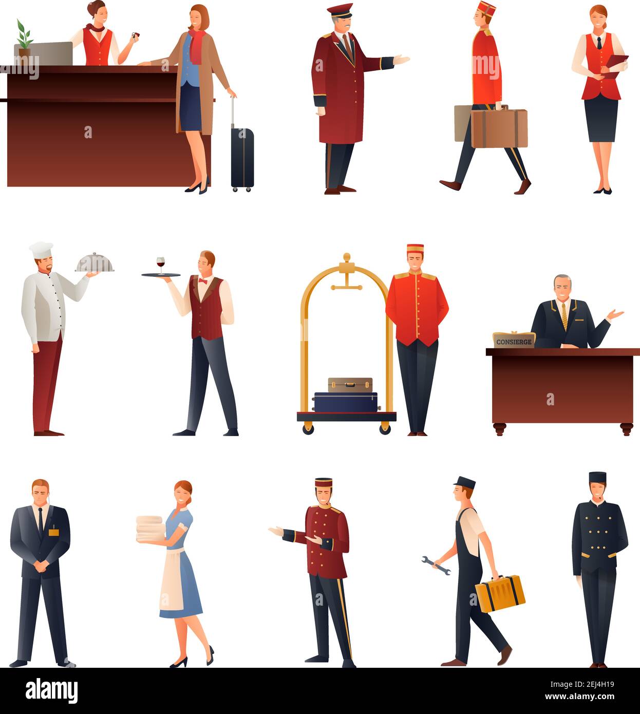 Hotel staff set of flat gradient icons with manager, doorman, guard, maid, chef, receptionist ...