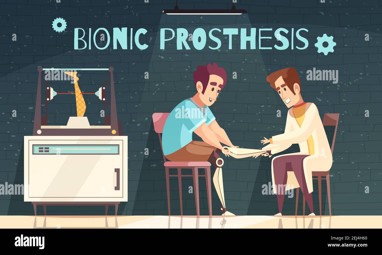 Bionic prosthesis doctor illustration with doodle human characters of ...
