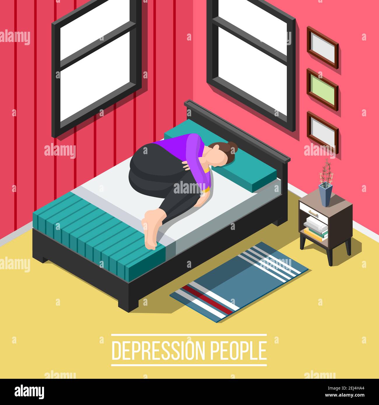 Depression people isometric background with lonely sad woman lying on ...