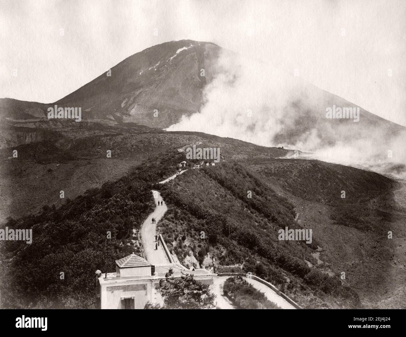 19th century vintage photograph, Italy Volcano Mt. Vesuvius close to ...