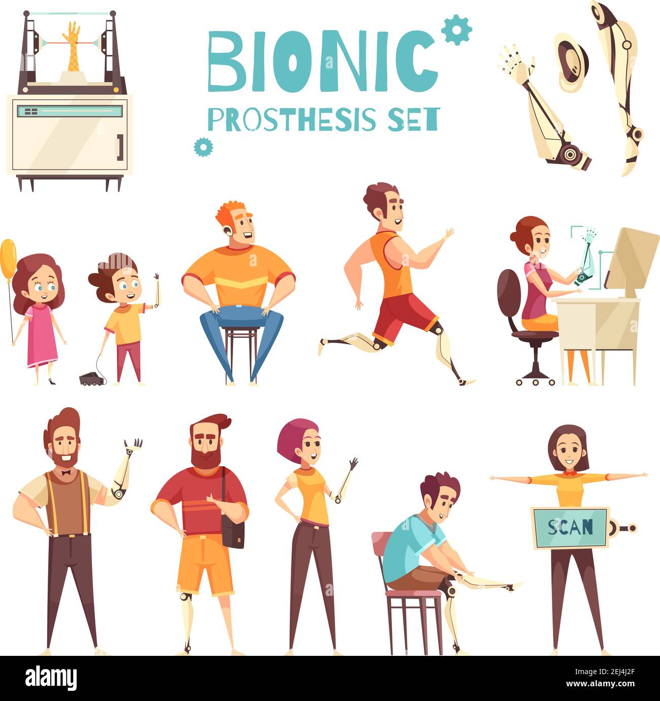 Active people with bionic protheses cartoon icons collection with ...