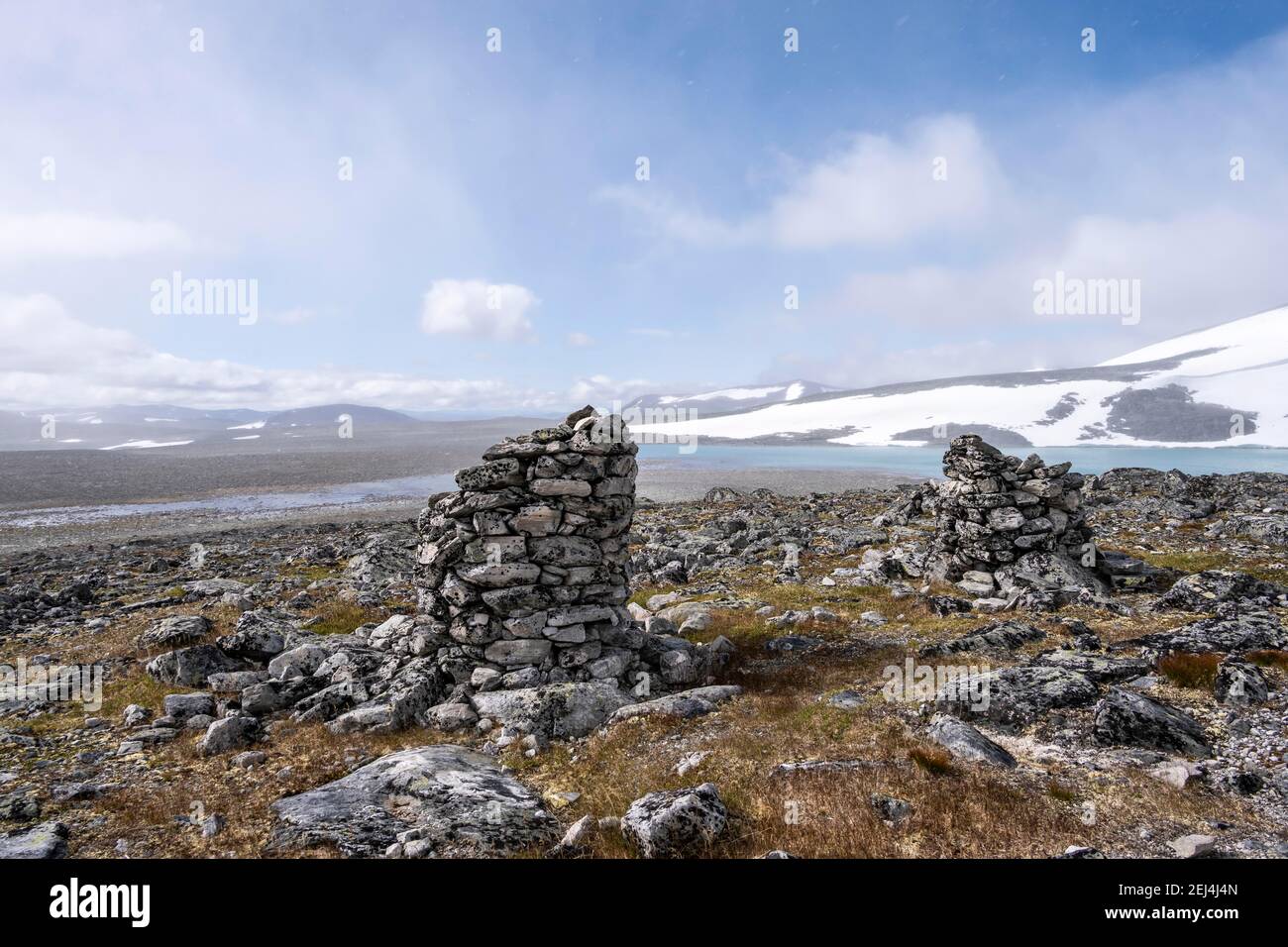 Tundra, barren landscape, hike to Snohetta mountain, remains of an old ...