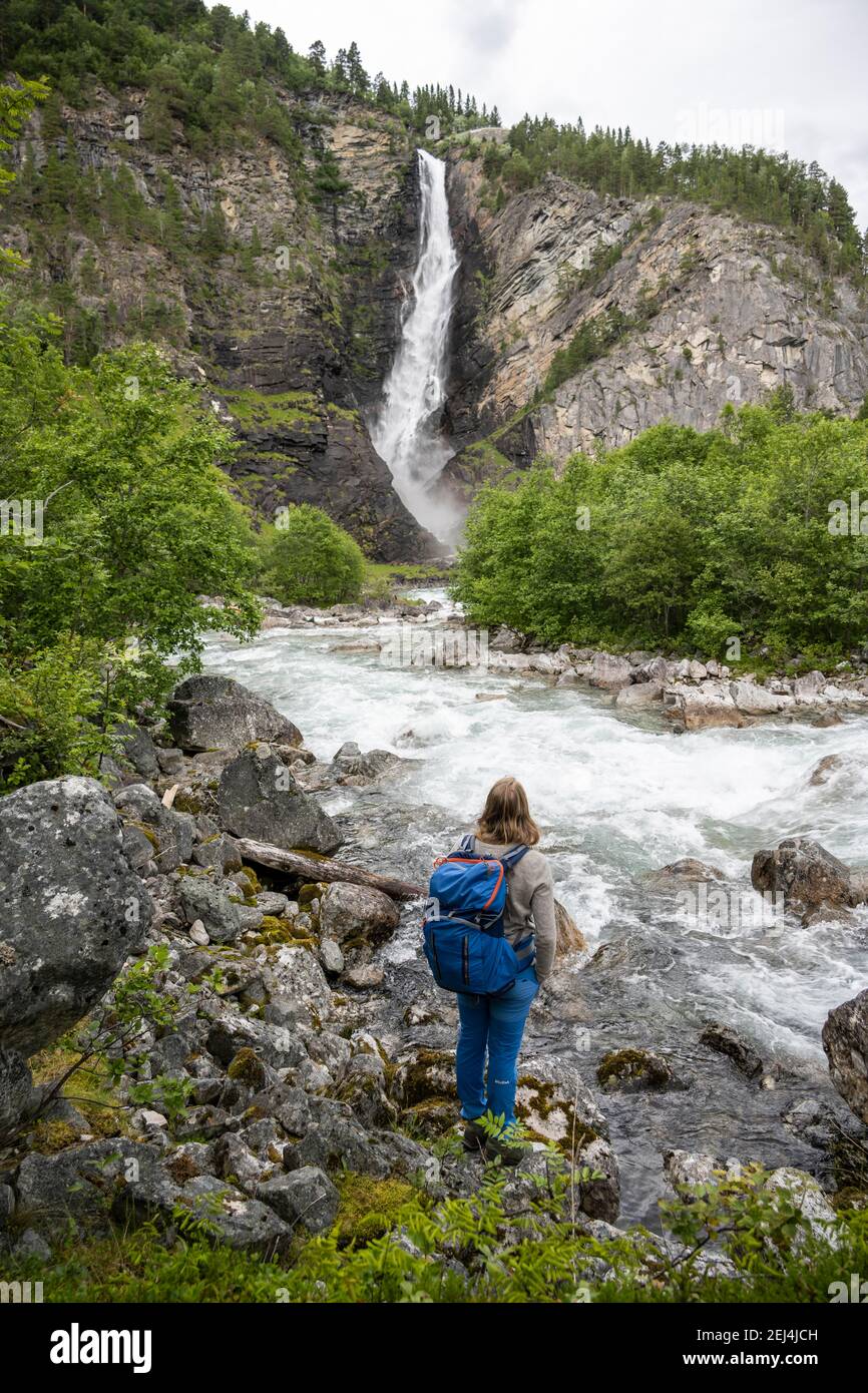 Hiker standing on the bank, Driva river, Svoufallet waterfall, Amotan ...