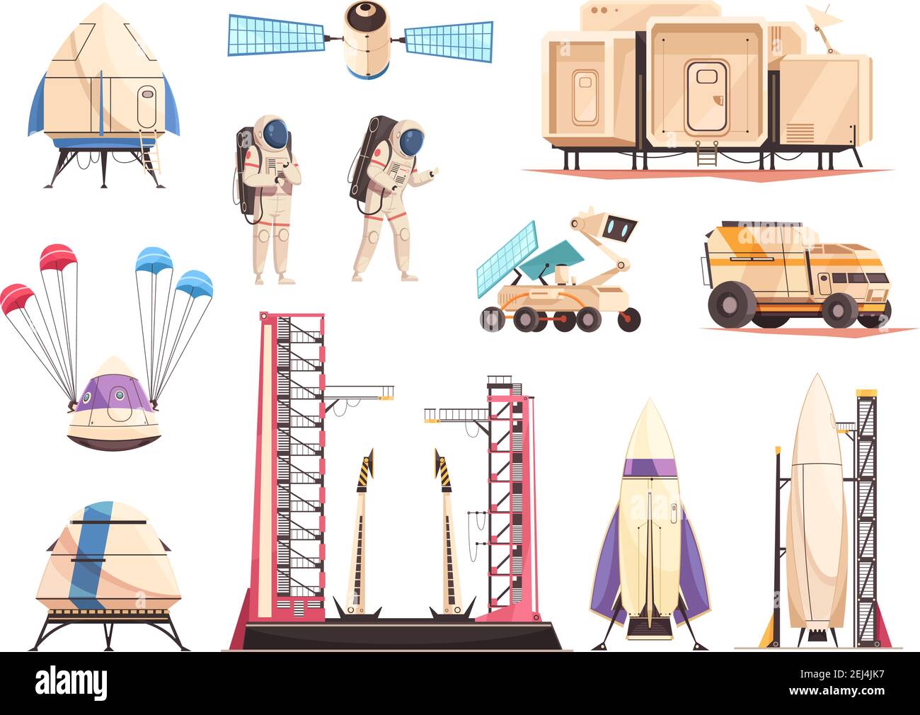 Space research technology cartoon icons collection with spacecraft ...