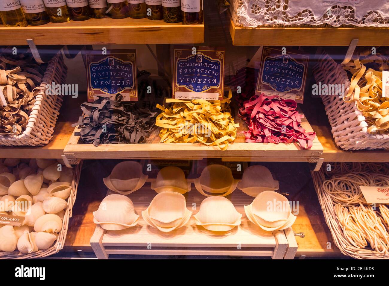 Showcase with different kinds of pasta, Italian pasta, Venice, Veneto ...