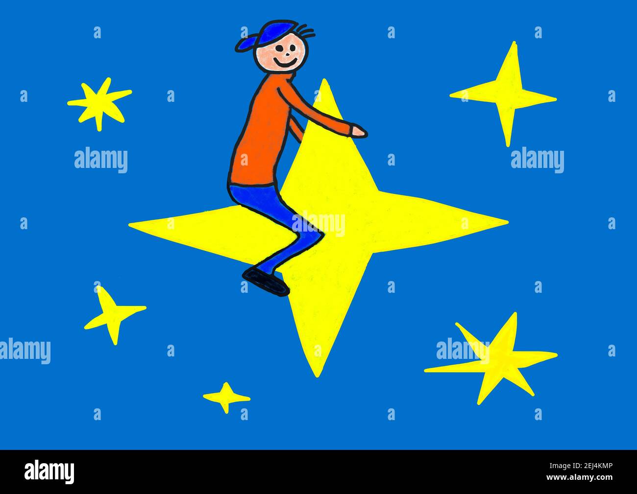 Naive illustration, children drawing, boy sitting on a star in space ...