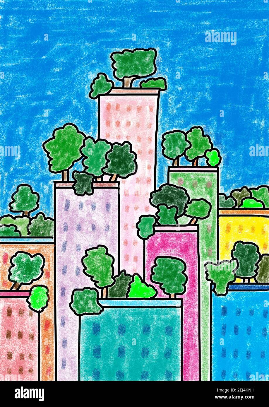 Naive illustration, children drawing, roof gardens on the roofs of ...