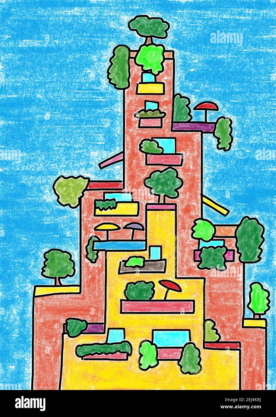Naive illustration, children drawing, roof gardens with trees on the ...