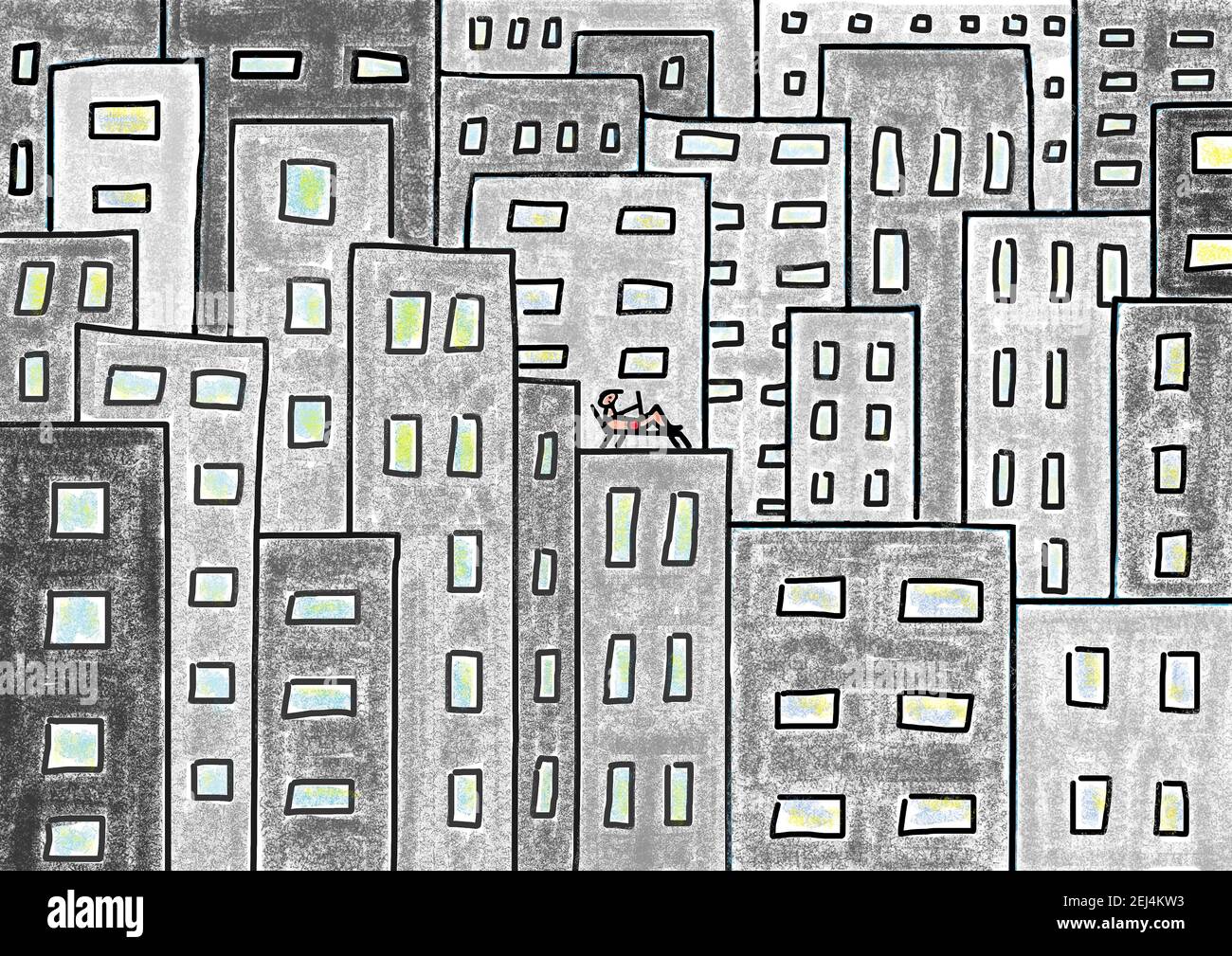 Naive illustration, child drawing, relaxed person in deck chair amid ...