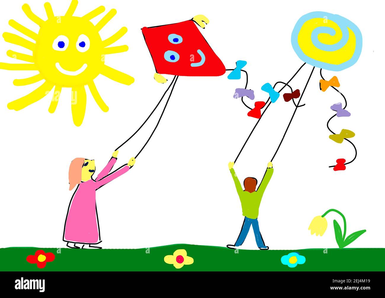 Naive illustration, children drawing, children flying kites Stock Photo ...