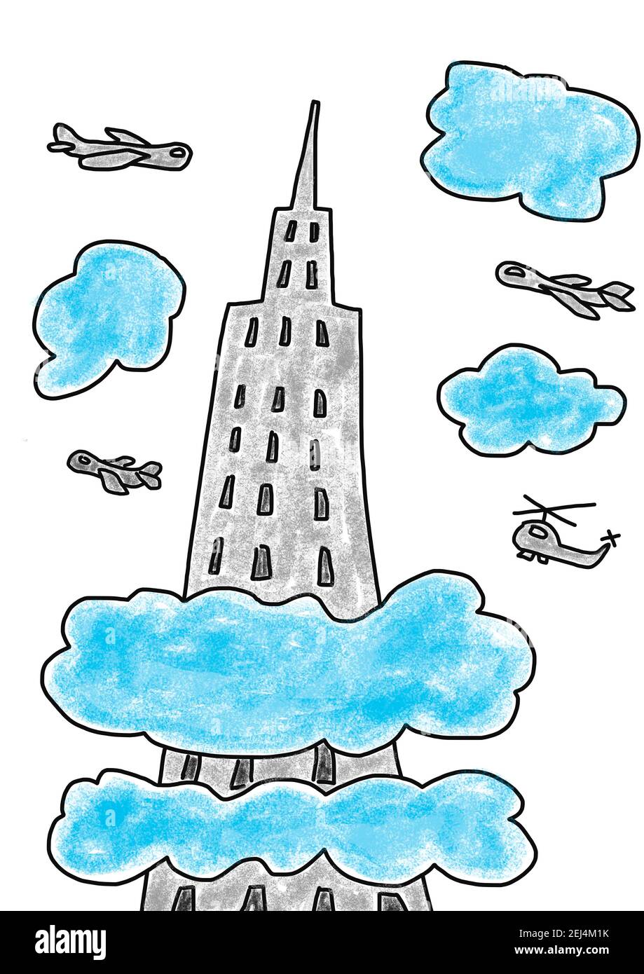 Naive illustration, Childrens drawing, A skyscraper surrounded by ...