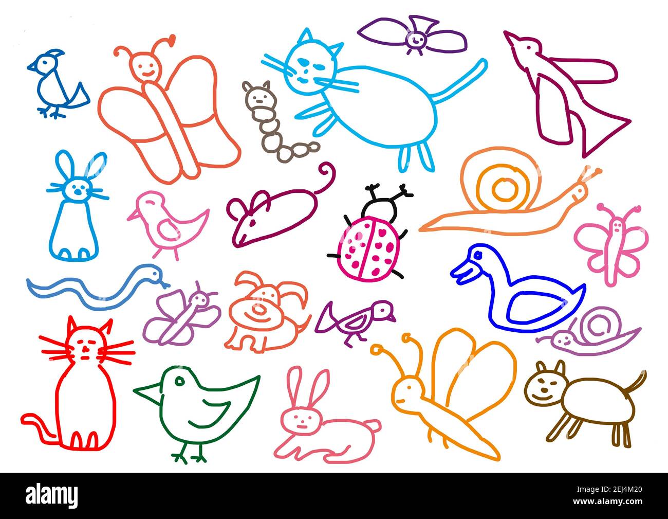 Naive illustration, children drawing of different native animals ...