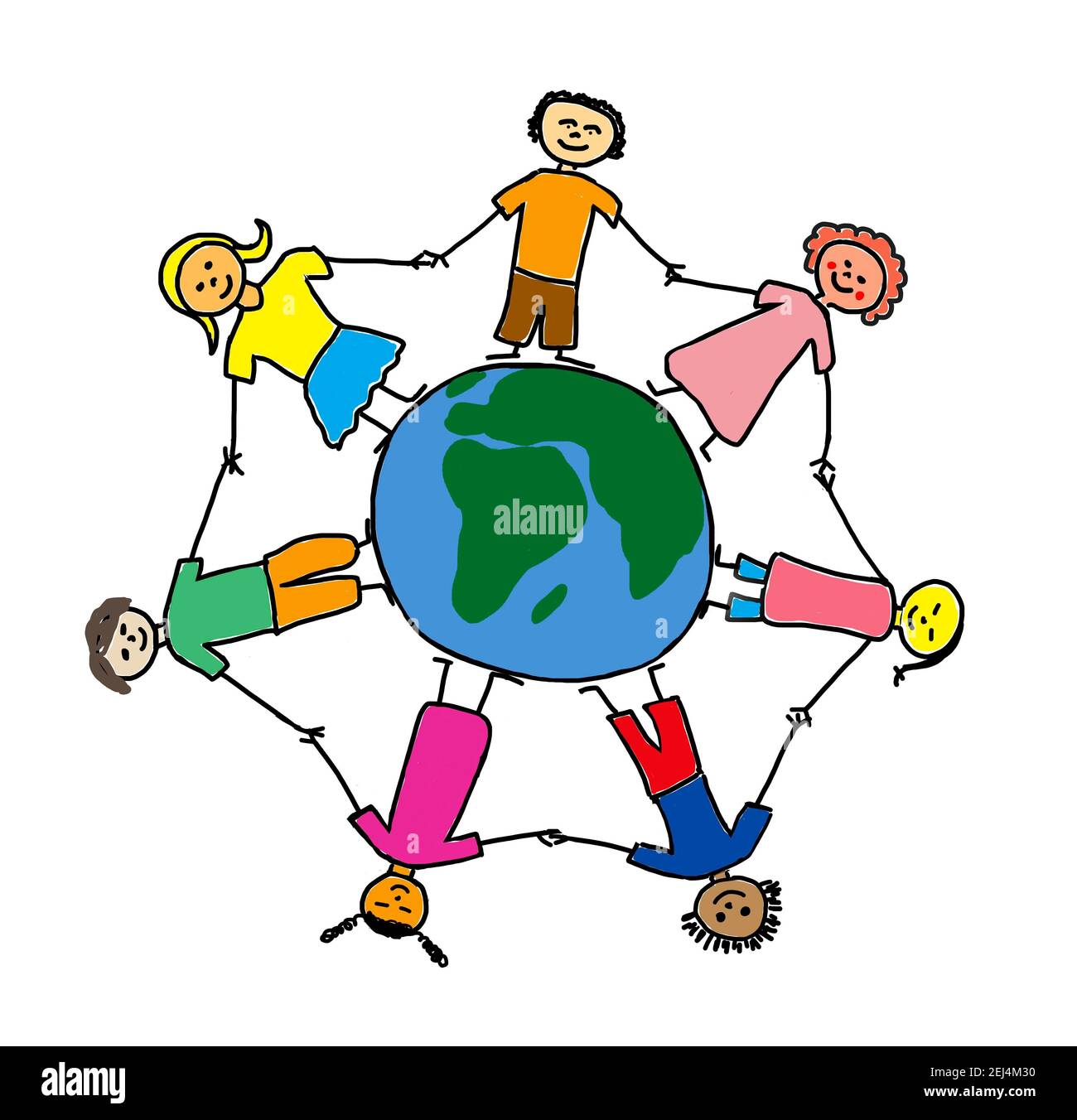 Naive illustration, child drawing, children of different nationalities ...