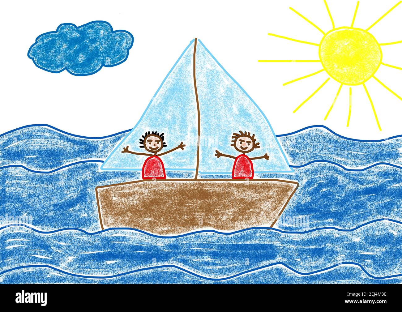 Naive illustration, children drawing, Two happy children sailing by the ...