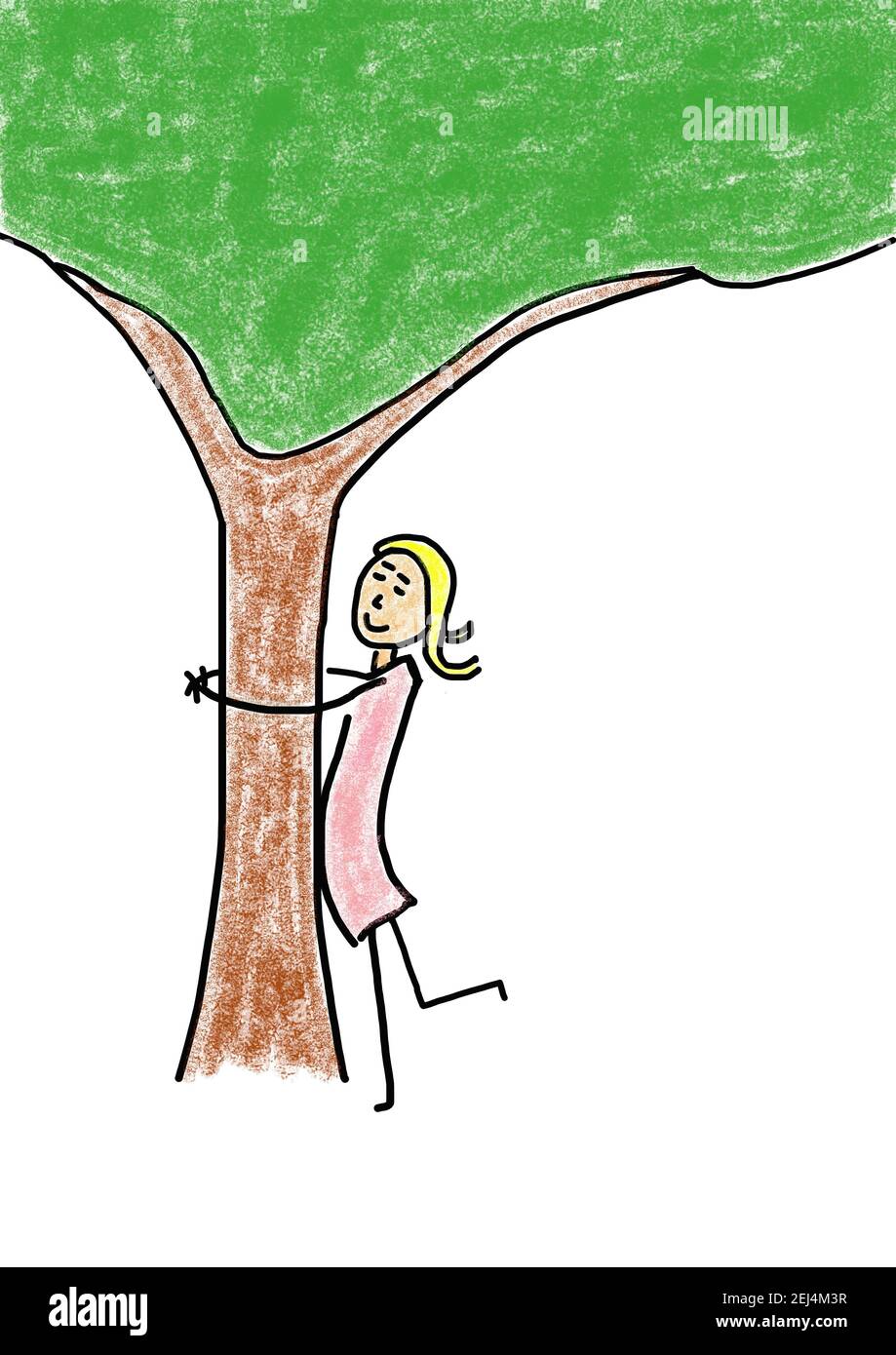 Naive illustration, child drawing, happy girl hugging a tree Stock ...